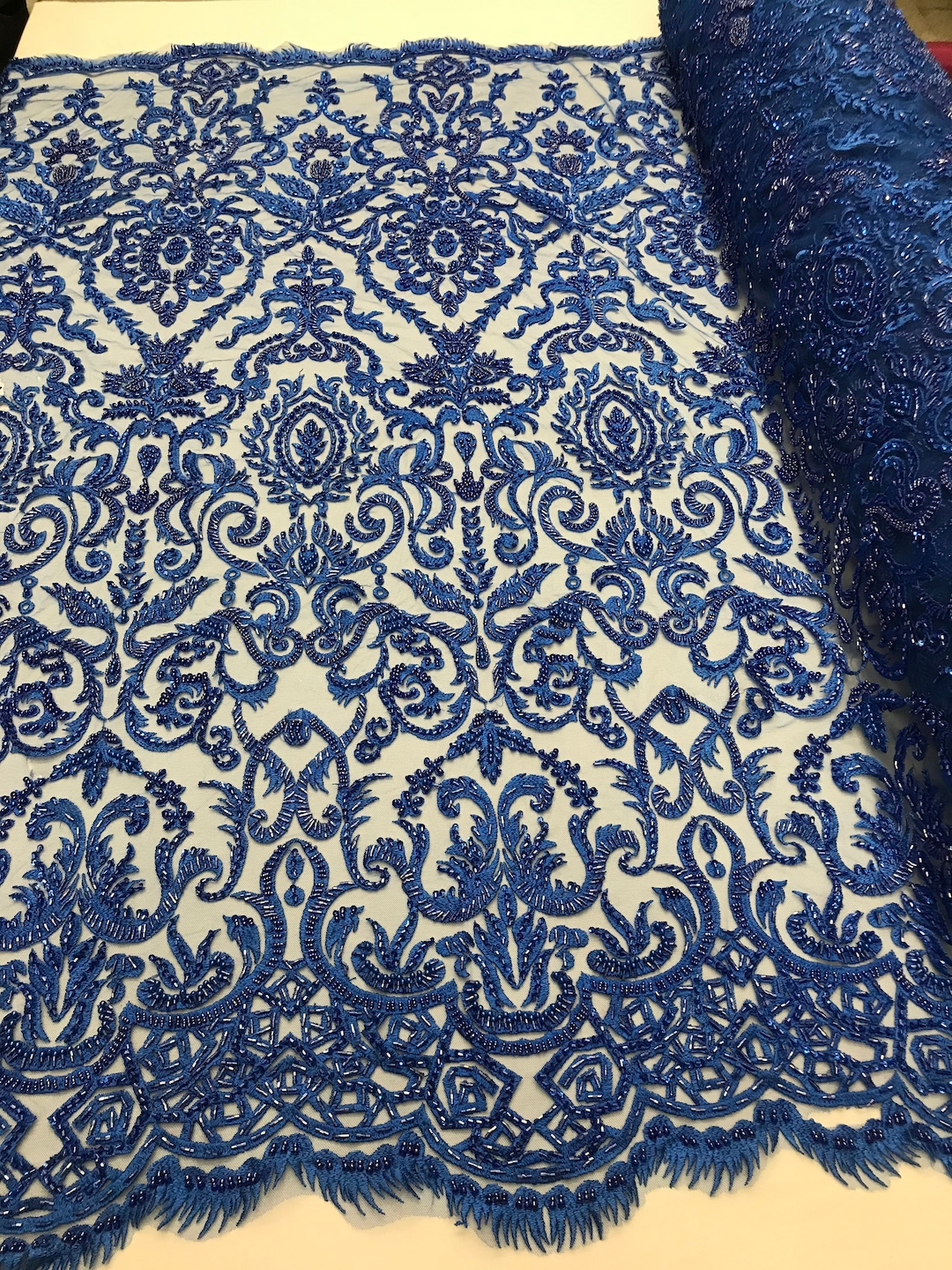 Royal Blue Embroidered Damask Pattern With Pearls and Beads on a Mesh ...
