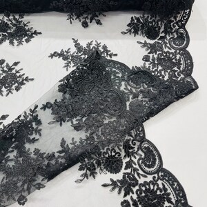 Black Lace Flower Design Embroidered on Mesh Lace Fabric, Floral Bridal ...