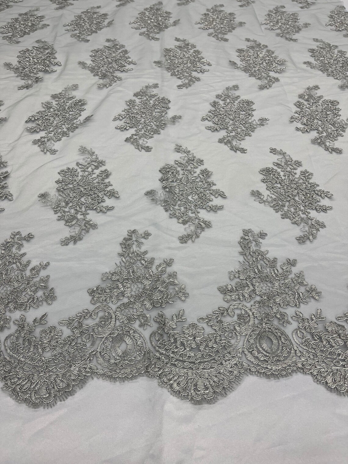 Silver Metallic Floral Lace Fabric: Embroidered Mesh, Scalloped Edge ...