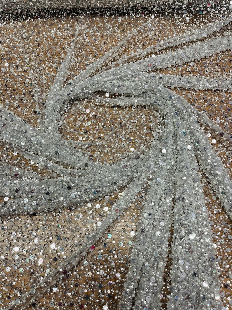 Silver Embroidery Beaded Fabric by the Yard With Sequin Fabric, Sequin ...