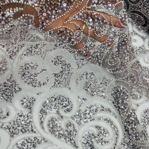 Silver Fashion Beaded Fabric, Lace Beads Sequin Floral Fabric by the ...