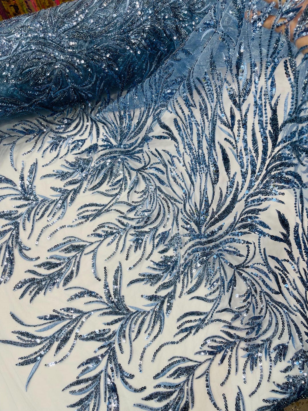 Dusty Blue Beaded Fabric: Damask Sequin Appliqué Lace - Etsy