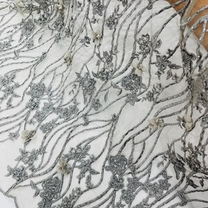Silver Embroidery Beaded Fabric With 3D Flower Sequin on a Mesh, Beaded ...
