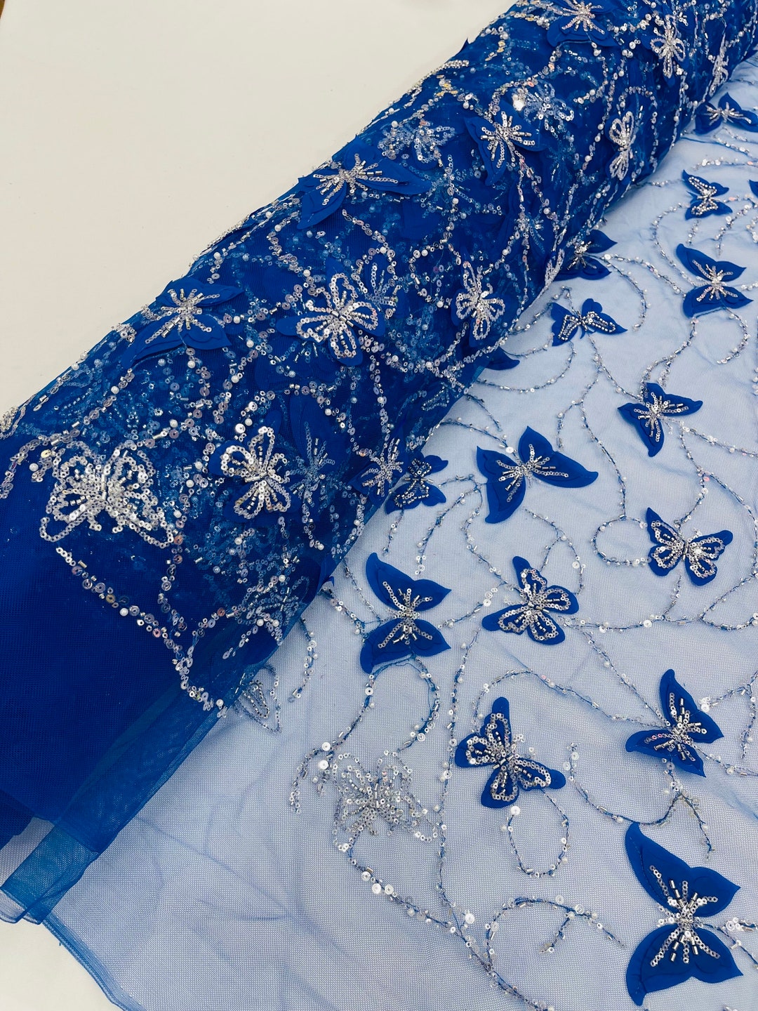 Royal Blue/silver 3D Butterfly Embroidered Beaded Sequin Fabric by the ...