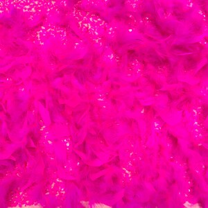 Neon Pink Sequin Velvet Fabric With Feathers on Pink Stretch Velvet ...