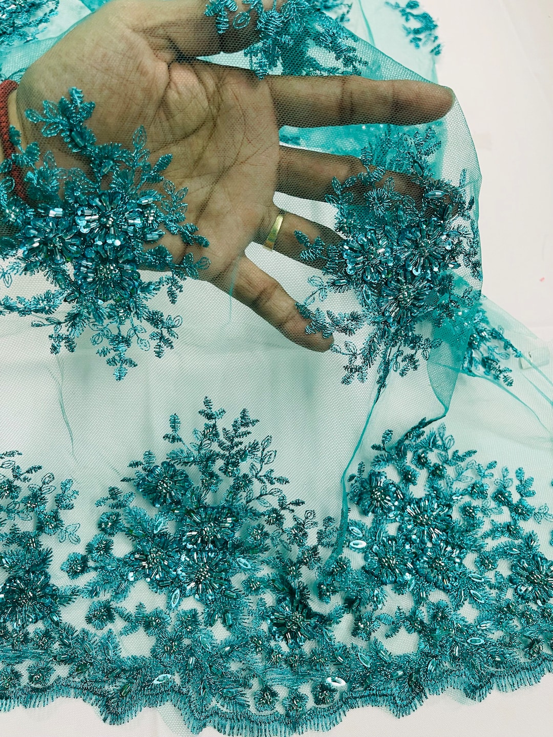 Teal Beaded Lace Fabric: Embroidered Mesh, Bridal Wedding Dress - Sold ...