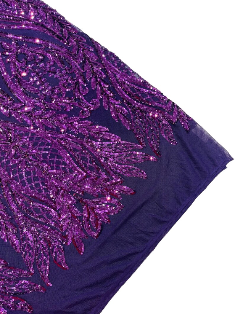 Purple Sequin Fabric 4 Way Stretch Damask Design Sequins on Spandex ...