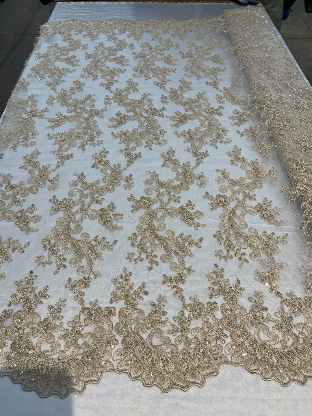 Champagne - Floral Lace Fabric, Embroidery With Sequins on a Mesh Lace ...