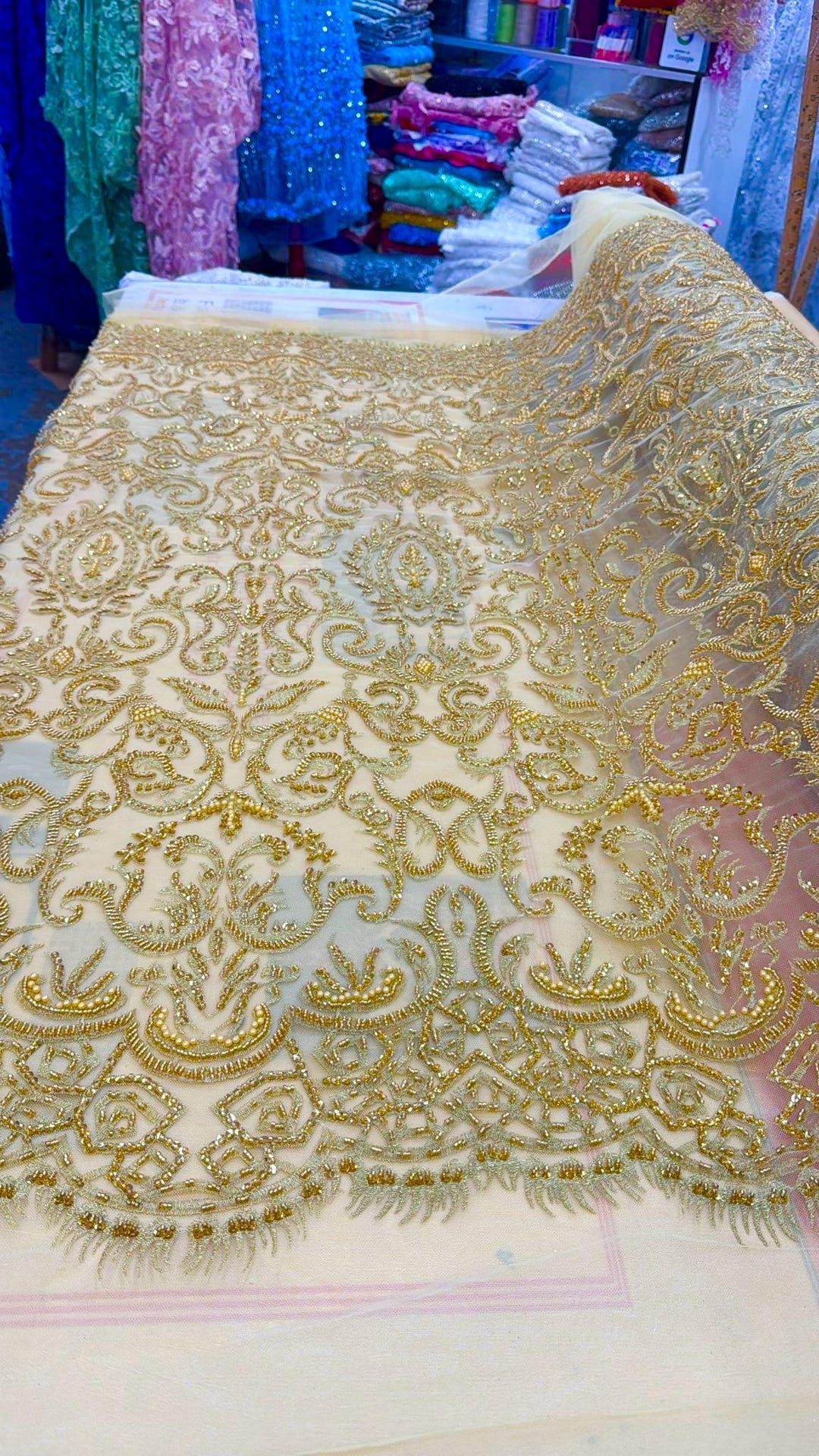 Gold Beaded Fabric by the Yard, Bridal Heavy Beaded, Damask Pattern ...