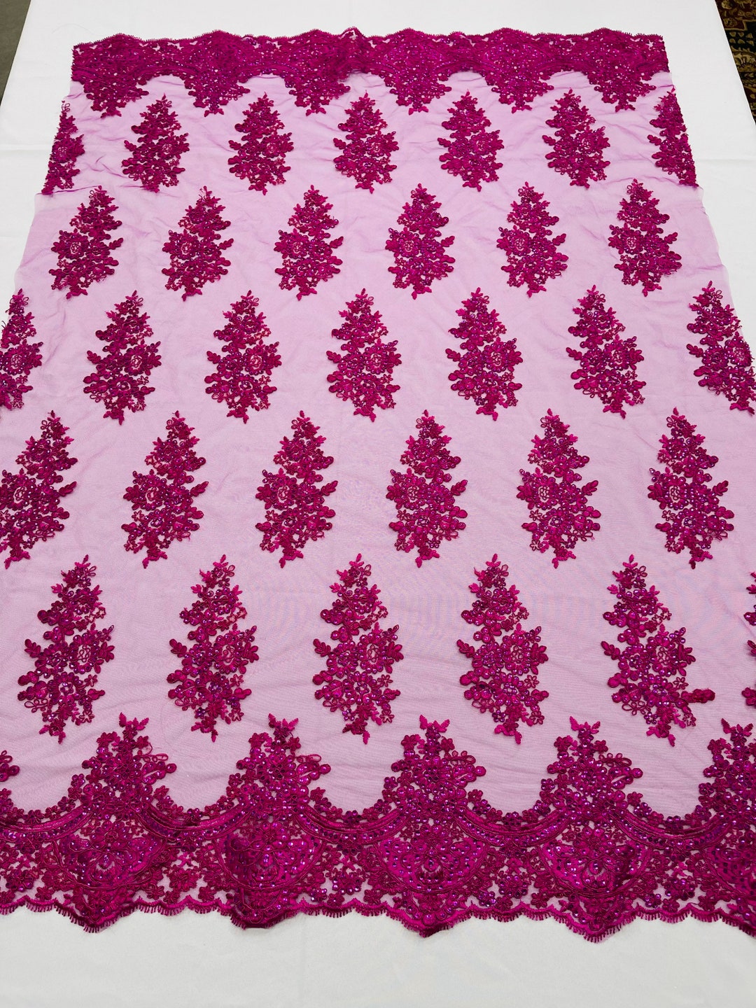 Magenta Floral Lace Fabric - by the Yard - Embroidery With Sequins on a ...