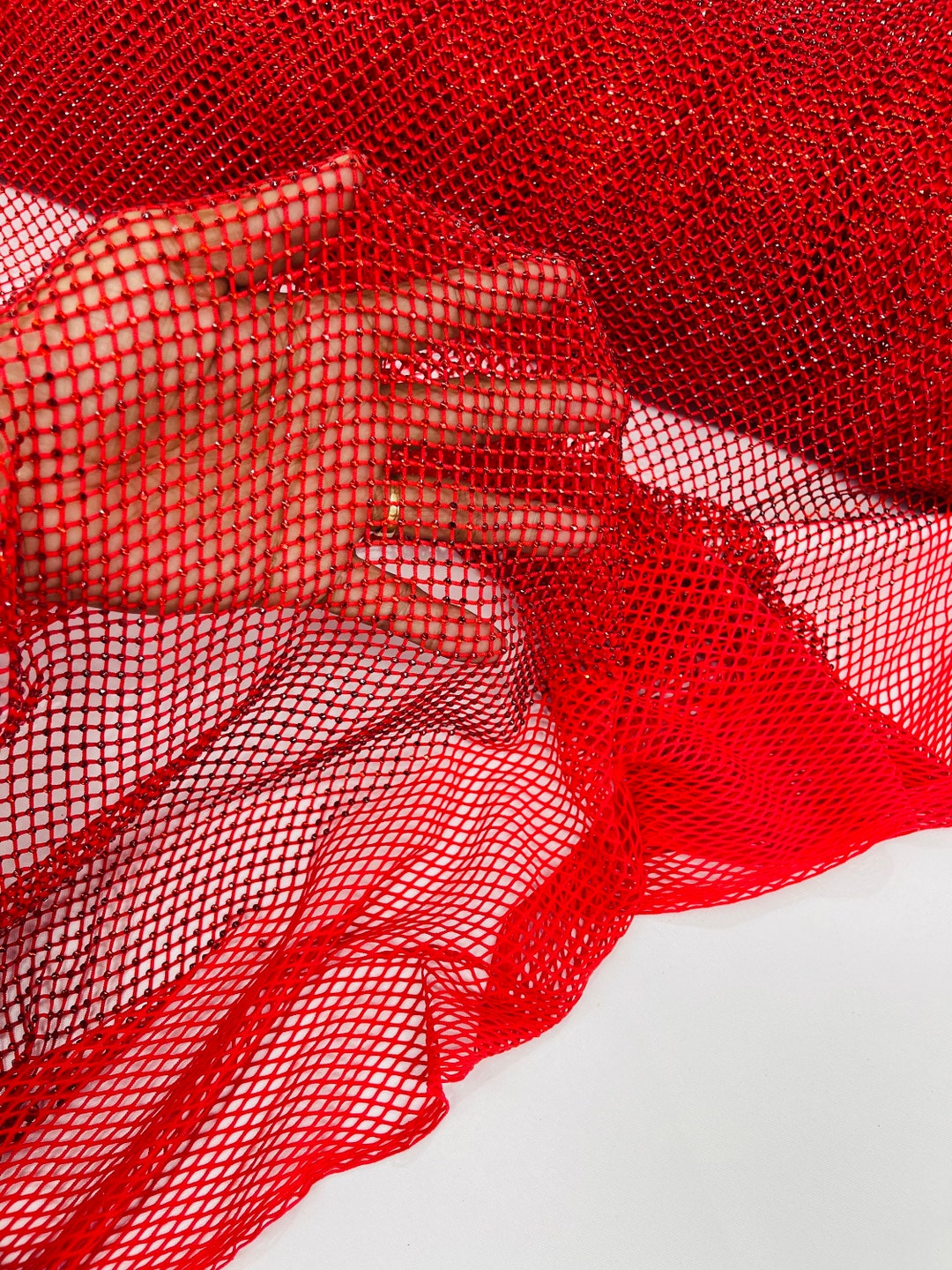 Red Rhinestone Fabric on Stretch Net Fabric, Red Spandex Fish Net With ...