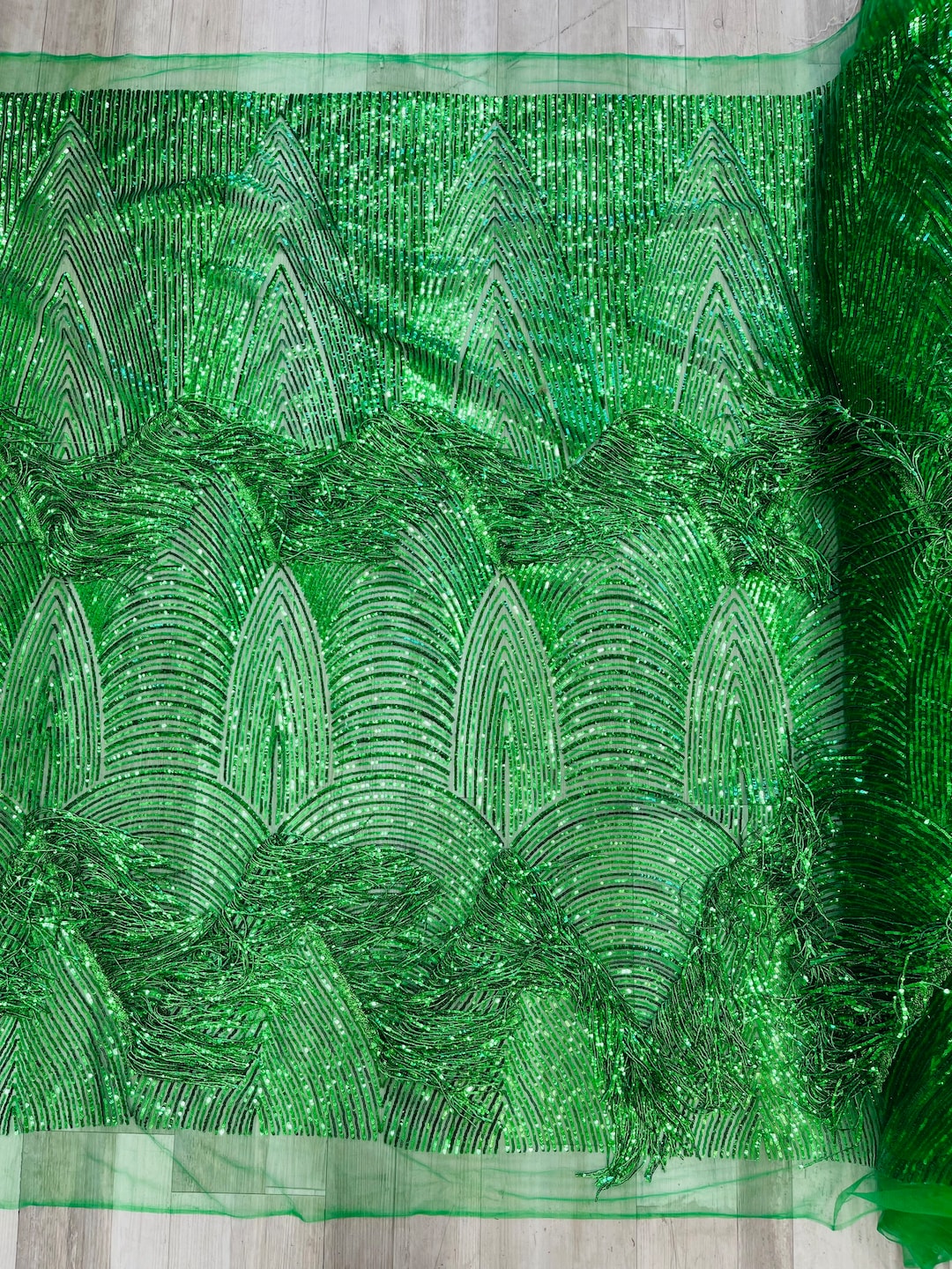 Green Fringe Sequins on a Mesh, Green Fringe Design Embroidered on 2 ...