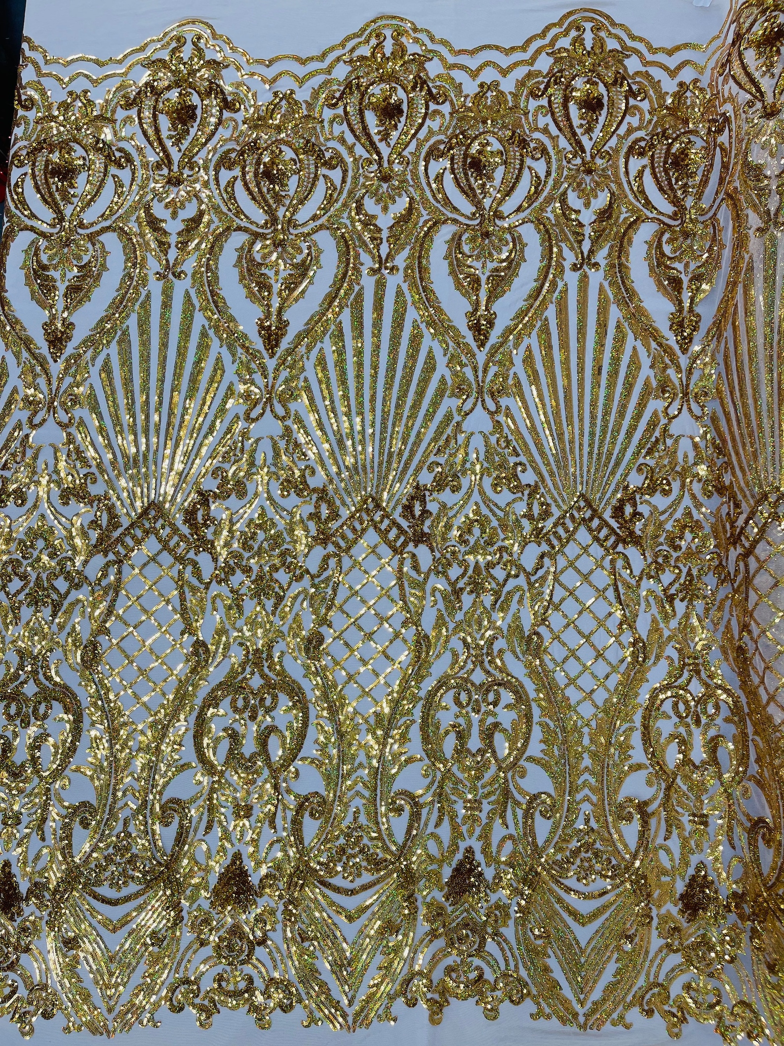 Gold Holographic Sequin Fabric, Selena Damask 4-way Stretch Lace Mesh ...
