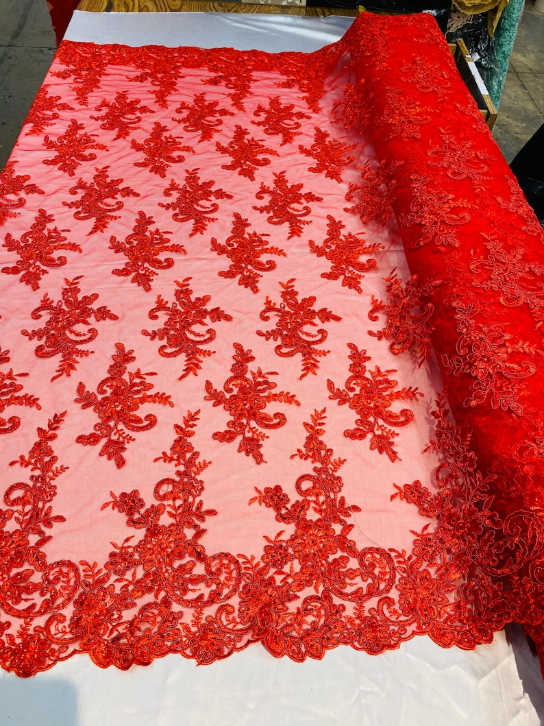 Red Lace Fabric Corded Flower Embroidery With Sequins on a - Etsy