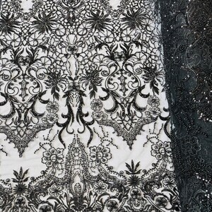 Black Beaded Fabric by the Yard, Bridal Wedding Beaded, Damask Pattern ...