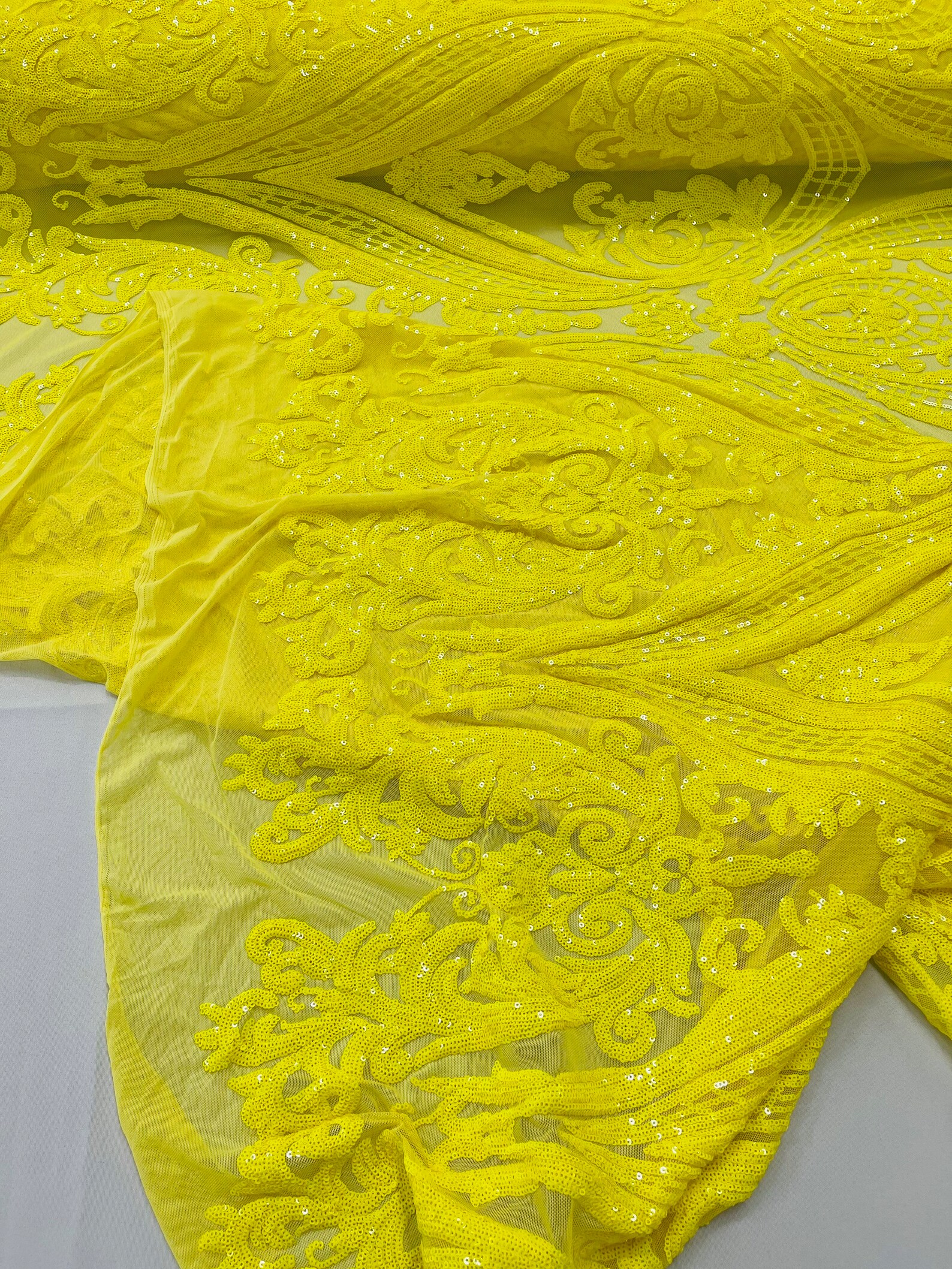 Yellow Sequin Fabric – Damask Embroidery on Mesh, 4-way Stretch - Etsy