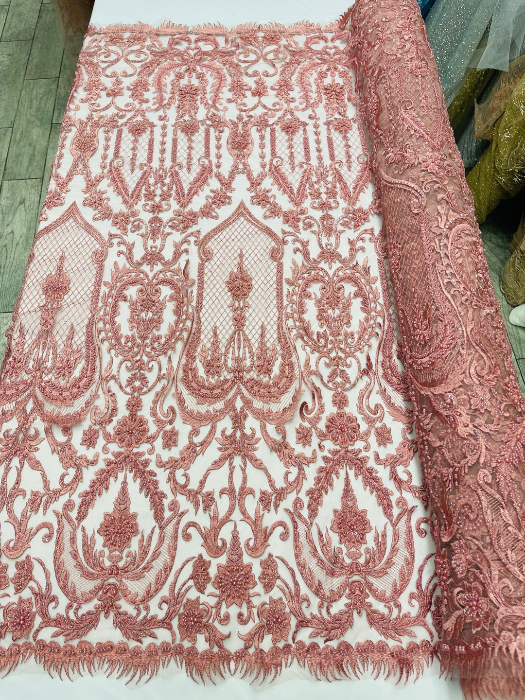 Sample 1/4 Yard, Dusty Rose - Beaded Fabric - Embroidered With Pearls ...