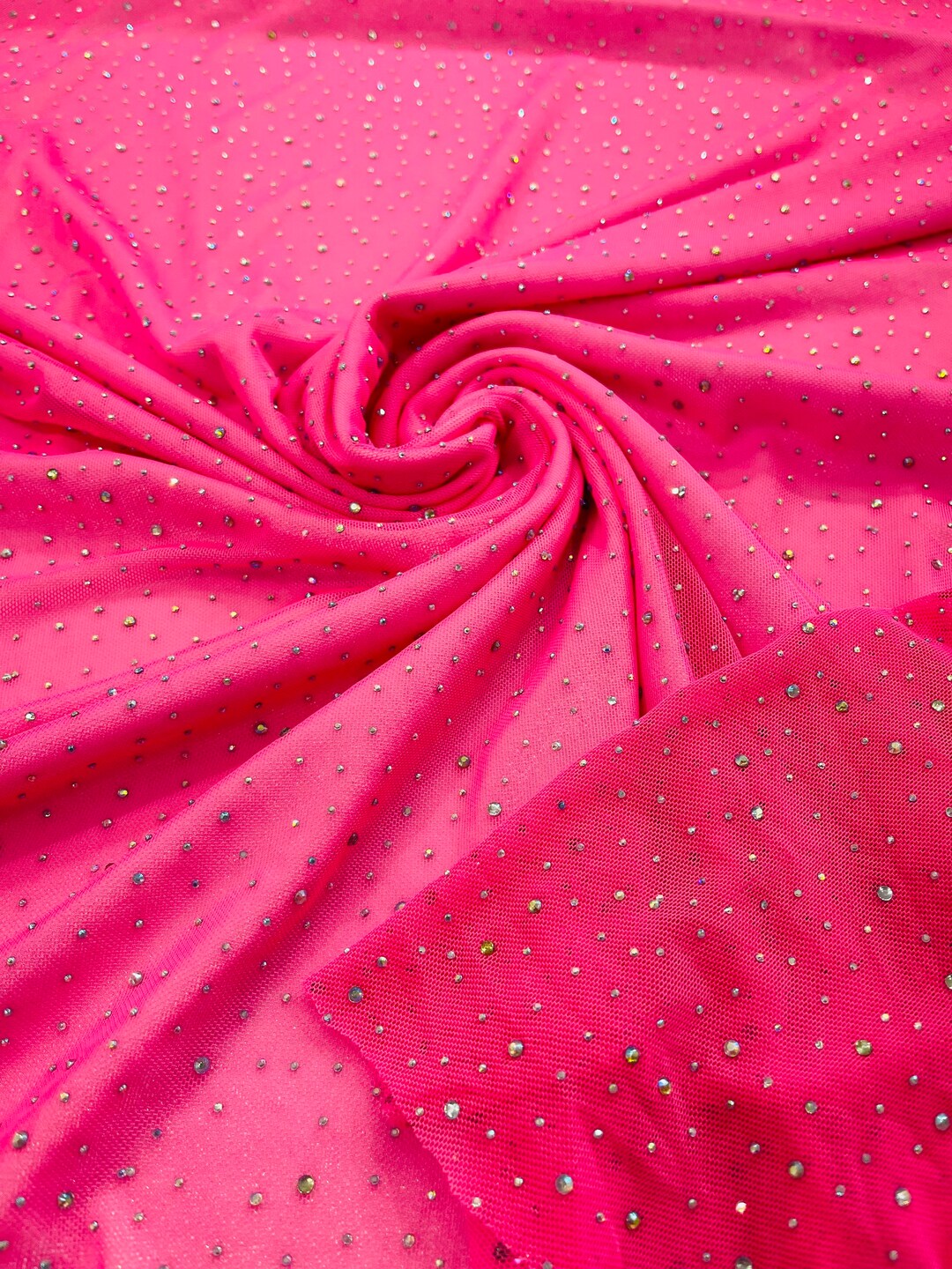 Neon Pink | AB Rhinestones Fabric on Pink Power Mesh Polyester Spandex ...