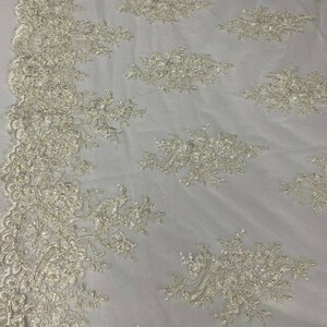 Ivory Floral Cluster Bead Fabric - Embroidered Flower Beaded Fabric ...