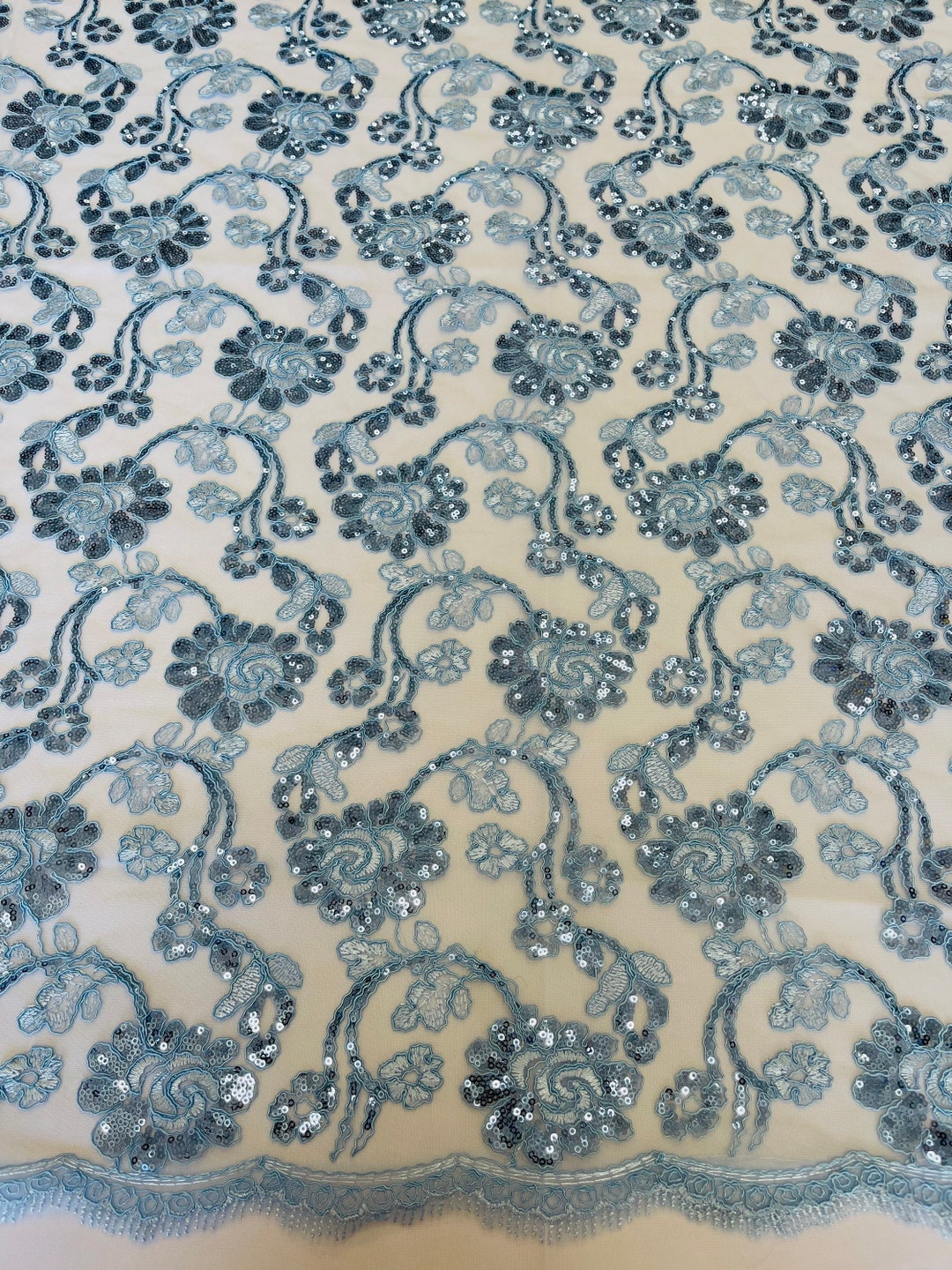 Mia Fabrics, Baby Blue Mesh Embroidery Corded Lace With Sequins, Flower ...