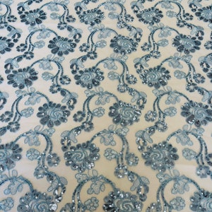 Mia Fabrics, Baby Blue Mesh Embroidery Corded Lace With Sequins, Flower ...