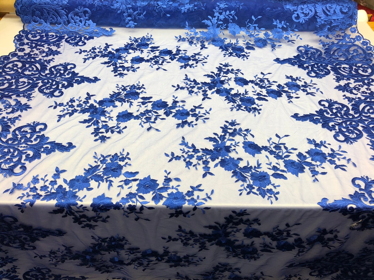 Royal Blue Damask Design Embroidered on Mesh Lace Fabric - Etsy