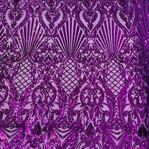 Purple Sequin Fabric, Selena Damask Design on a 4 Way Stretch Sequin ...