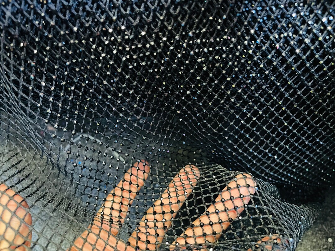 Black Rhinestone Fabric on Black Stretch Net Fabric, Spandex Fish Net ...