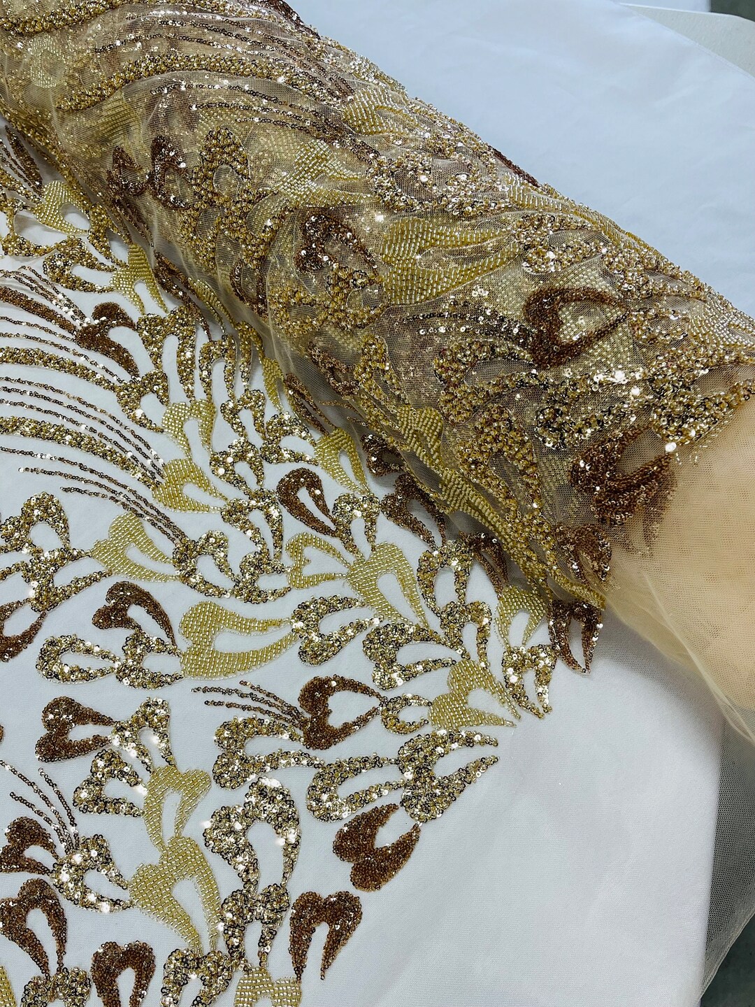 Gold Beaded Lines Leaf Pattern Beaded Fabric - Embroidered Line Beaded ...