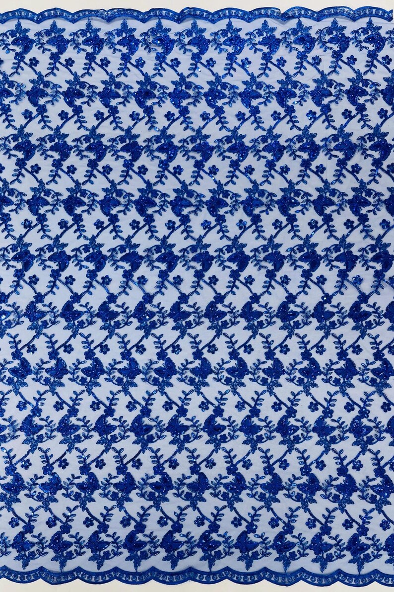 Royal Blue Butterfly Sequin Lace Fabric: Metallic Embroidered Mesh ...