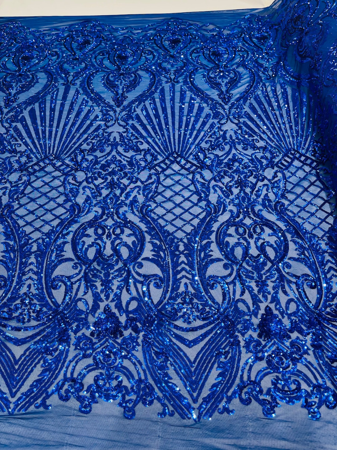 Royal Blue Sequin Damask Selena Design on a 4 Way Stretch Sequin Lace ...