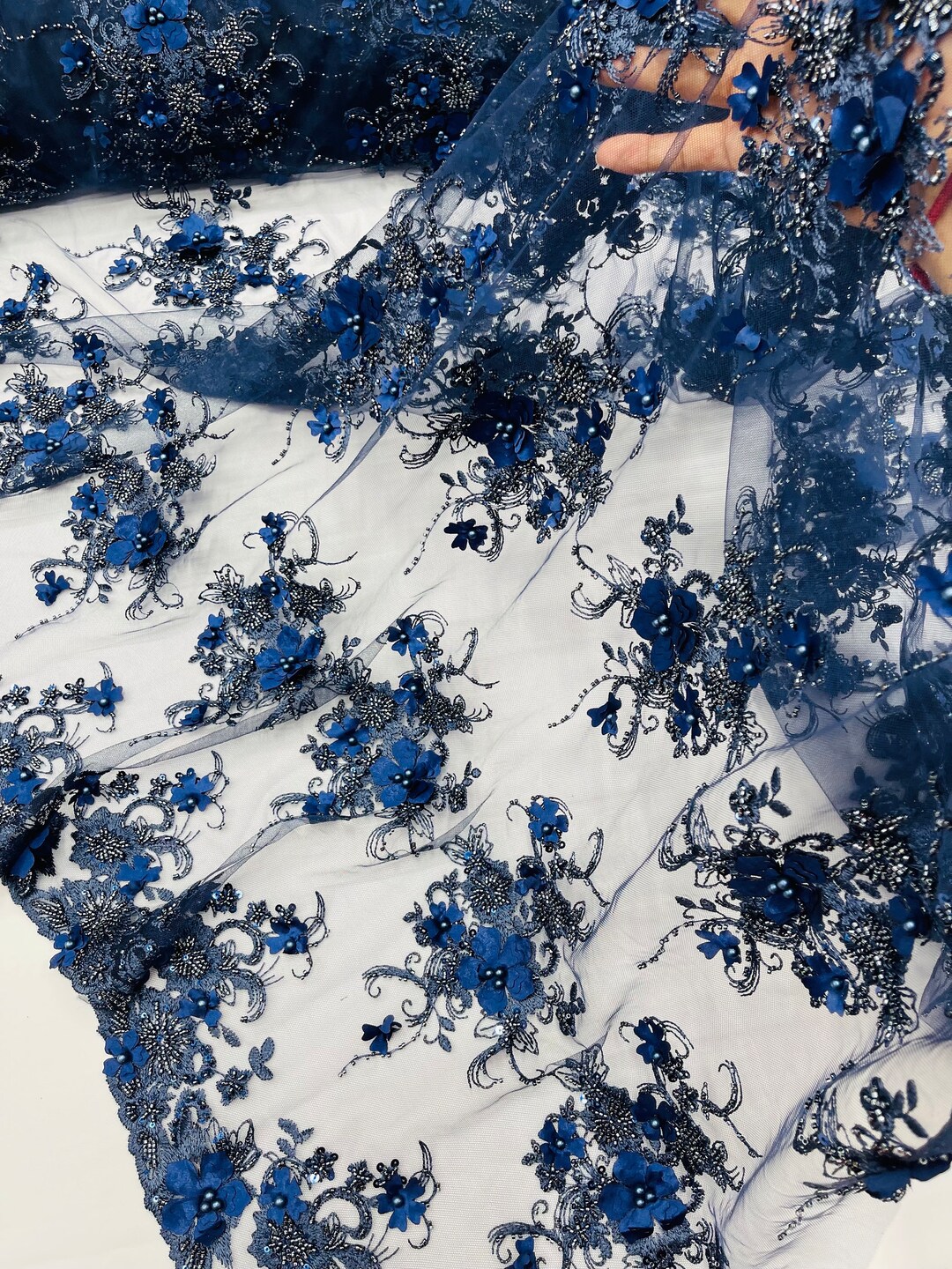 Navy Blue 3D Floral Beaded Embroidery Lace Fabric - Etsy