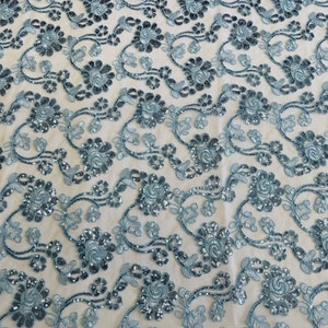 Mia Fabrics, Baby Blue Mesh Embroidery Corded Lace With Sequins, Flower ...