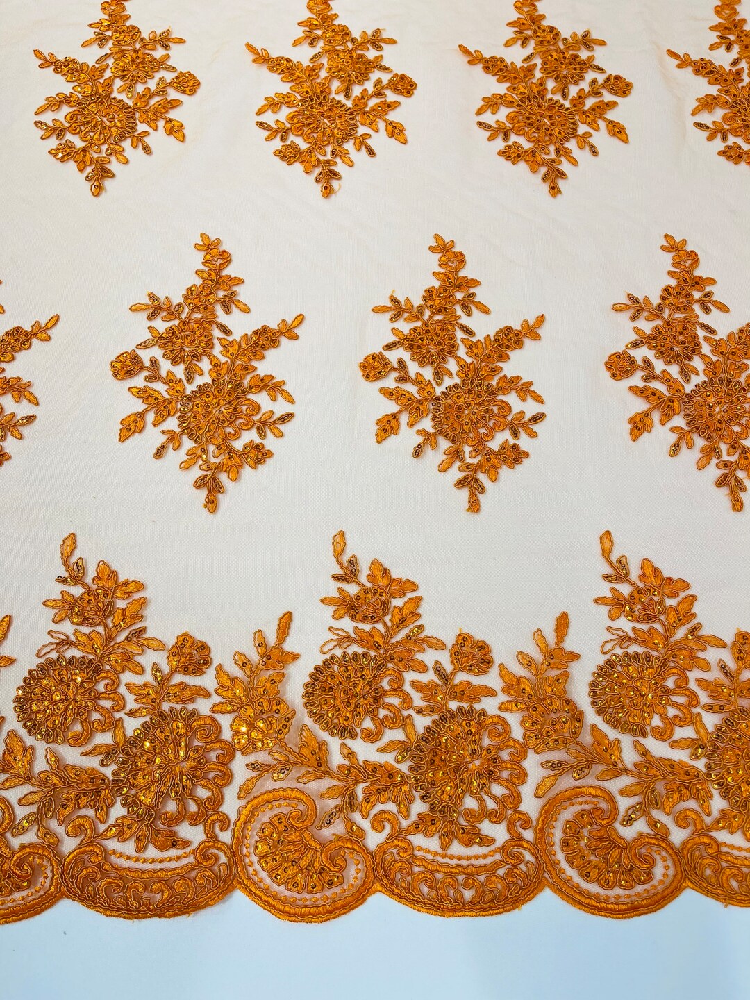 Orange Lace Fabric | Flower Design Embroidered on Mesh Lace Fabric ...