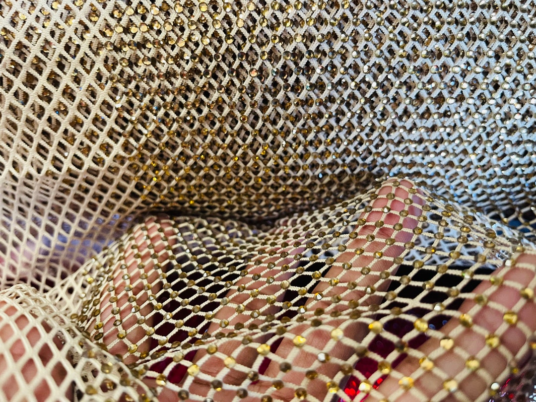 Gold Rhinestone Fabric on Gold Stretch Net Fabric, Spandex Fish Net ...