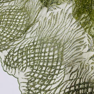 Olive Beaded Fabric by the Yard, Bridal Heavy Beaded, Damask Pattern ...