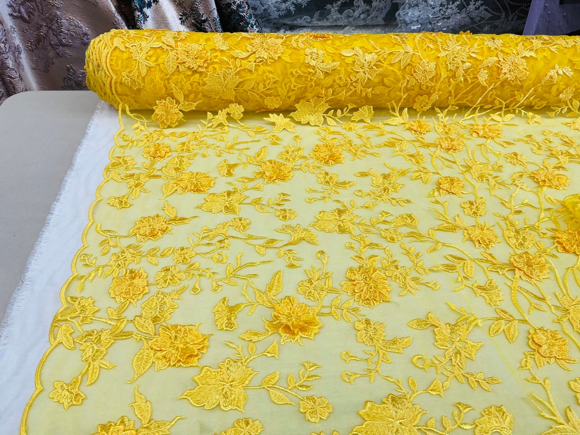 Yellow 3D Flower-floral and Leaves Embroidery on a Mesh Lace Fabric ...