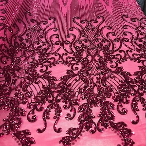 Fuchsia Sequins Lace Fabric on a Mesh Damask Design Embroidered on 4 ...