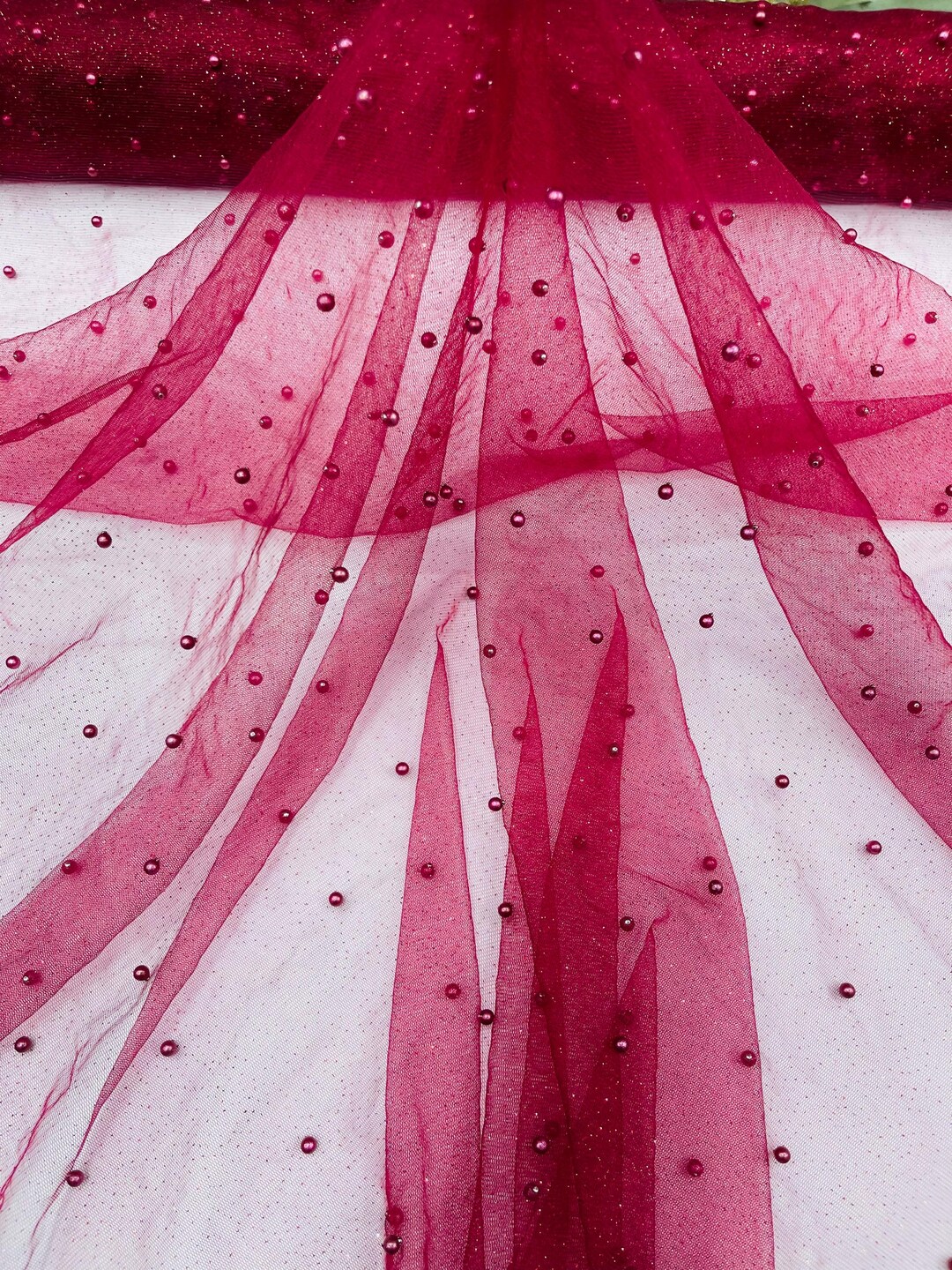 Burgundy Pearl Glitter Mesh Fabric by the Yard, 2 Way Stretch Scattered ...