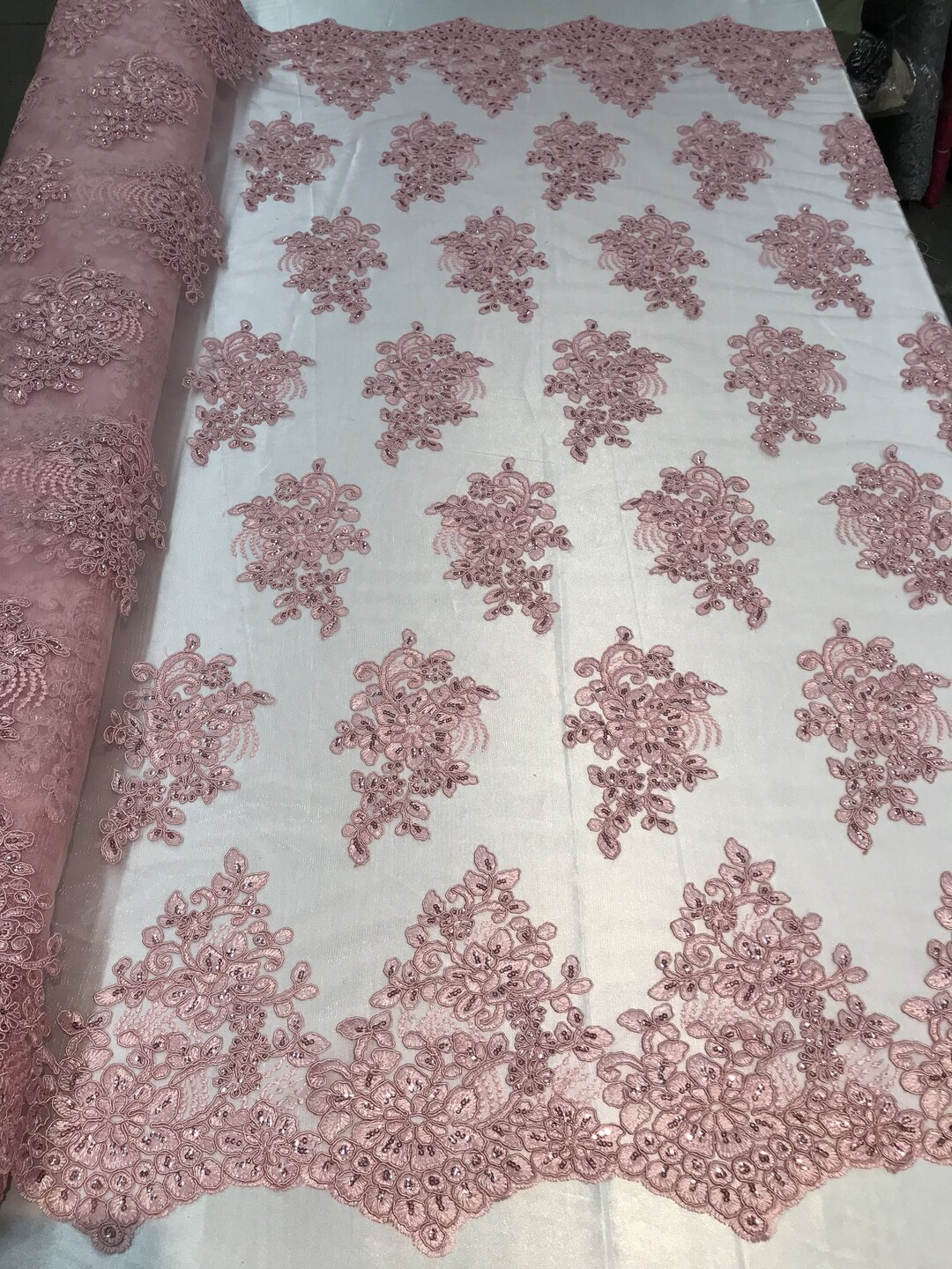 Flower Lace Fabric - Pink Floral Clusters Embroidered Lace Mesh Fabric ...