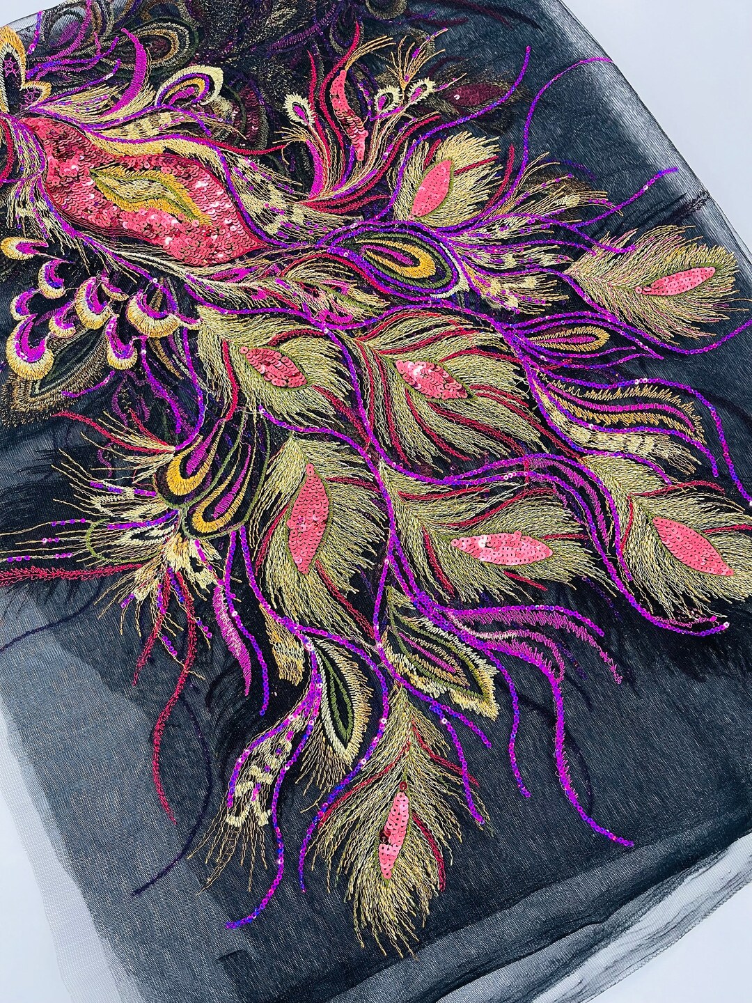 Magenta Peacock Feathers Design With Embroidered Sequins on Black Mesh ...