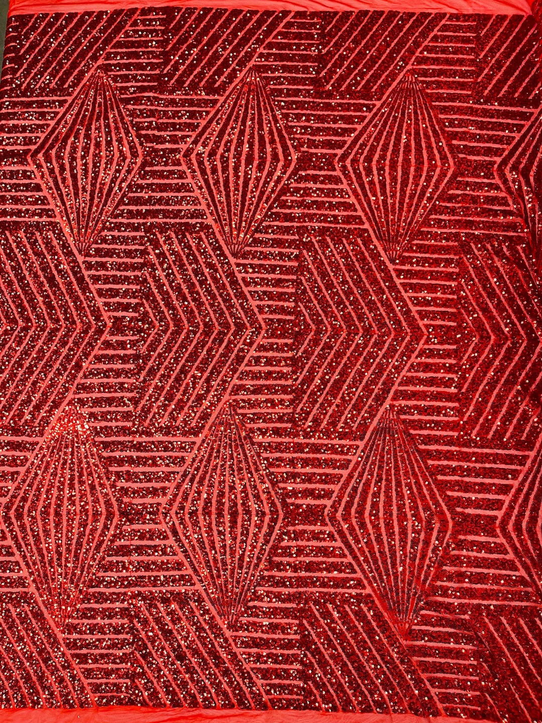 Red Geometric Sequin Fabric: Diamond Design, 4-way Stretch Mesh, Prom ...