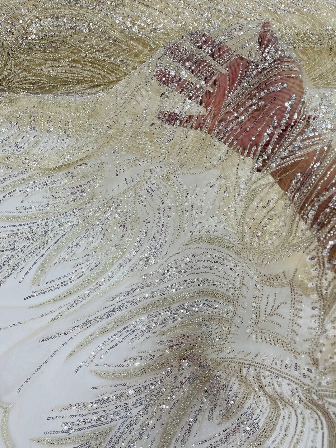 Ivory Cream Beaded Fabric by the Yard, Bridal Beaded, Damask Pattern ...