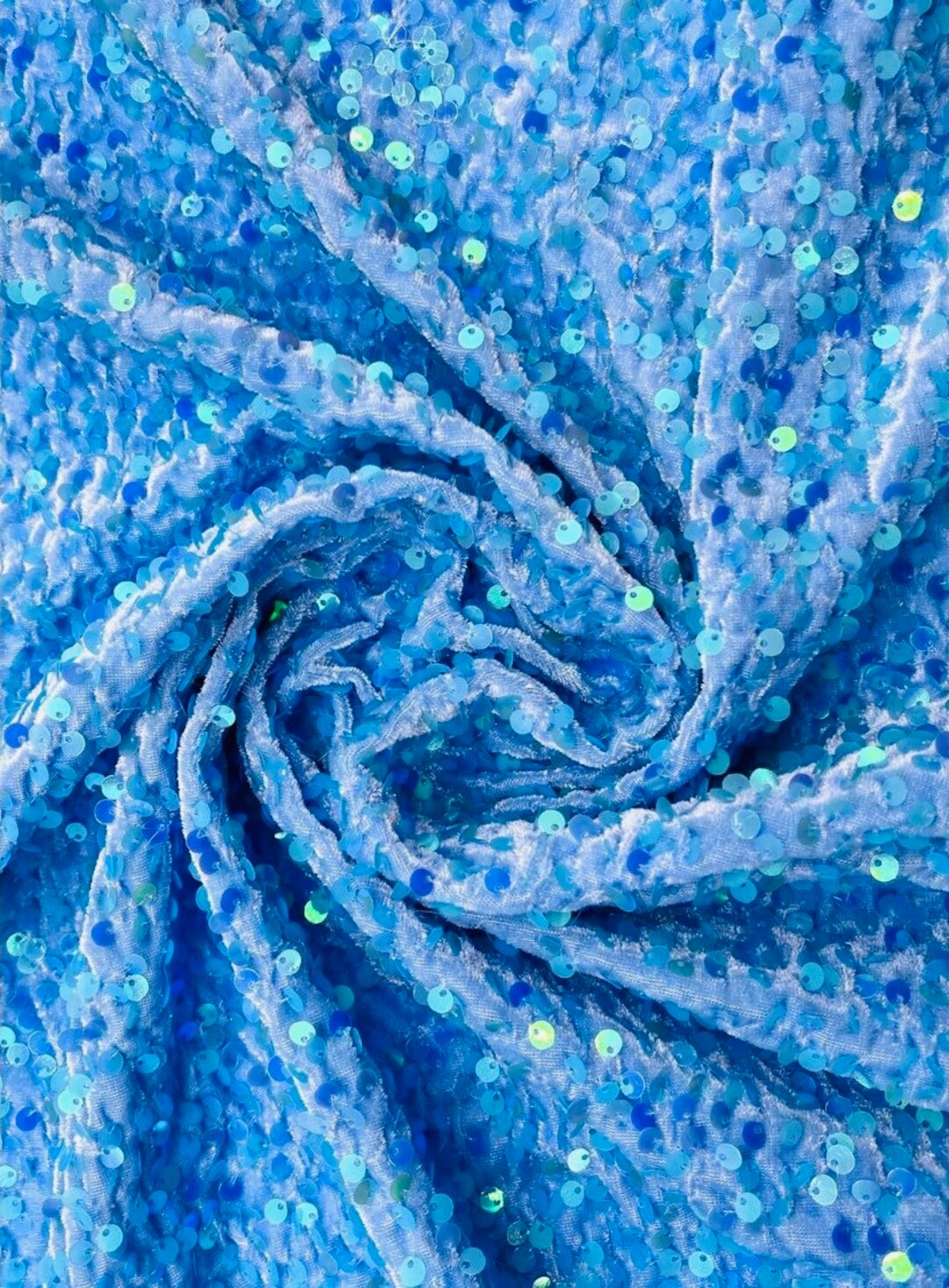 Turquoise Iridescent Sequin Fabric on Turquoise Stretch Velvet by the ...