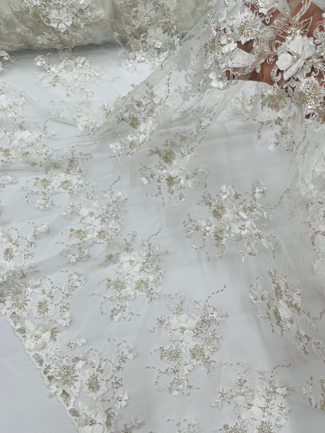 Off White 3D Floral Beaded Embroidery Lace, 3D Floral Design With ...