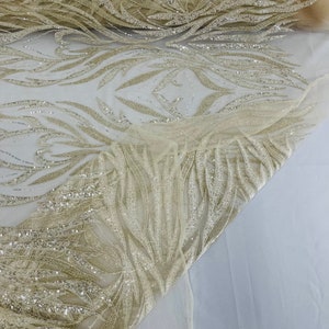Clear Beaded Fabric by the Yard, Damask Design Embroidered With Beaded ...