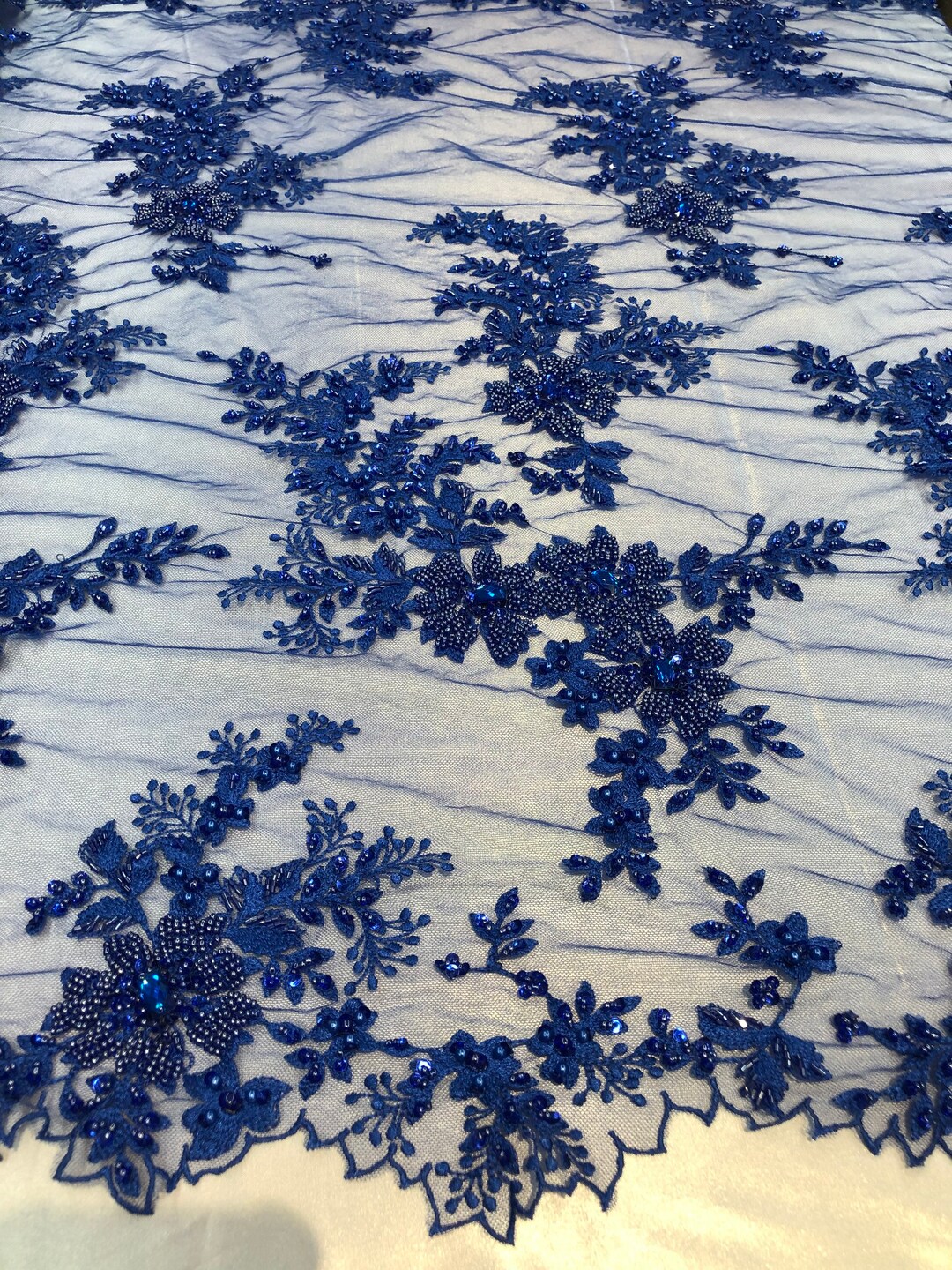 Royal Blue Cluster Bead Fabric - Embroidered Flower Beaded Fabric ...