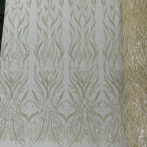 Clear Beaded Fabric by the Yard, Damask Design Embroidered With Beaded ...