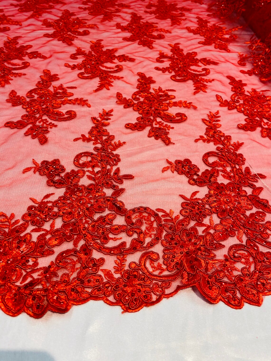 Red Lace Fabric Corded Flower Embroidery With Sequins on a - Etsy