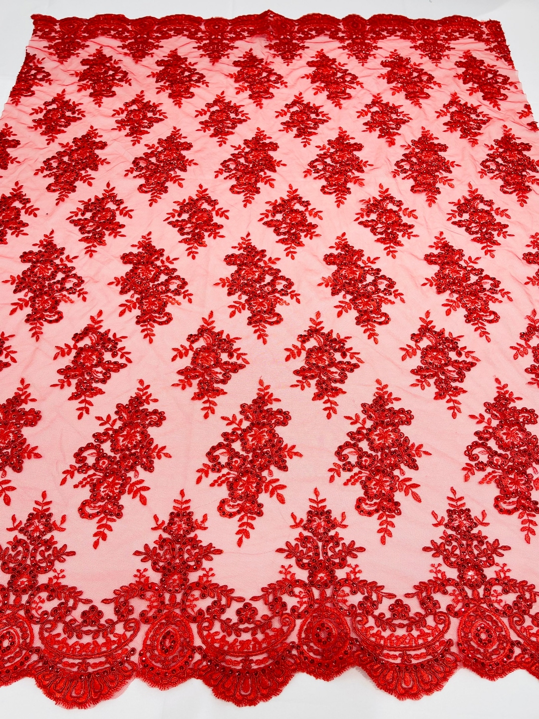 Red Floral Lace Fabric - by Yard - Embroidery With Sequins on a Mesh ...